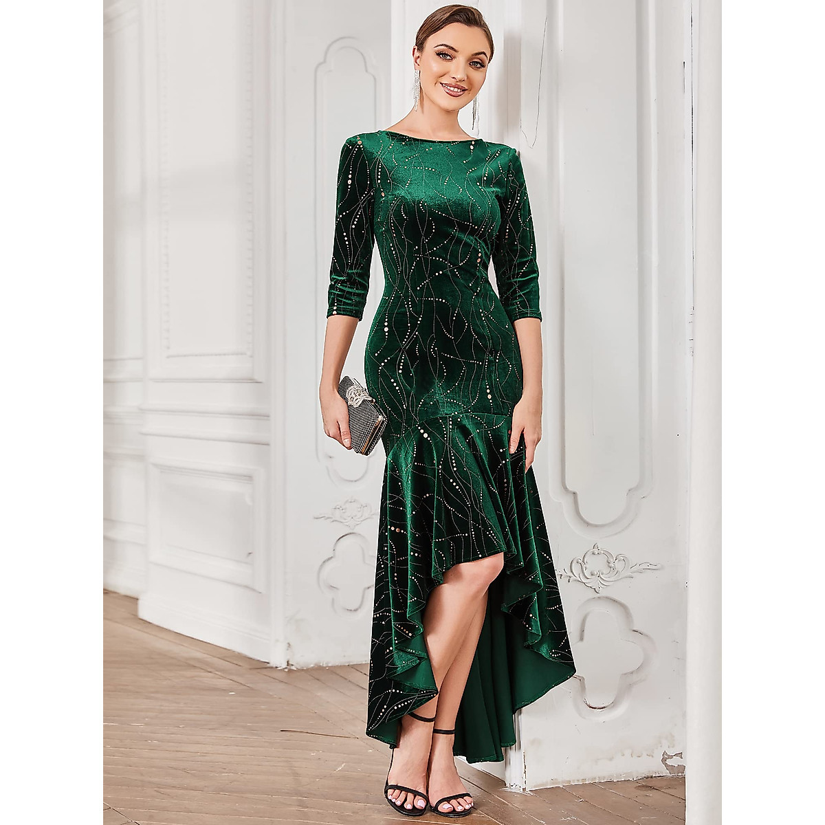 Ever-Pretty Women's Velvet 3/4 Sleeve High-Low Mermaid Plus Size Gorgeous Evening Dress Green US16