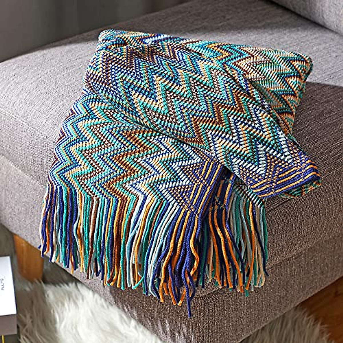 Boho Throw Blankets Outdoor Knitted Tassel Blankets, Super Soft Cozy Lightweight Couch Decorative Bohemian afghans Throw Blankets, Bed, Sofa, Outdoor Throw Blanket - All Seasons (Blue 50x60 Inch)