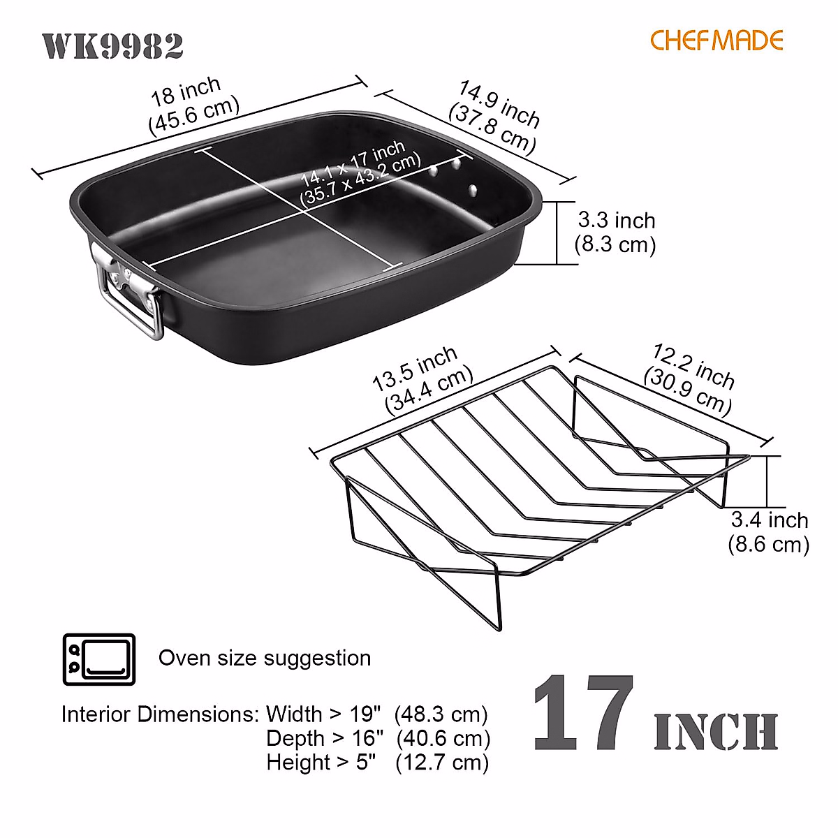 CHEFMADE Roasting Pan, 17-Inch Non-Stick Large Roasting Pan for Turkey, Roaster Lasagna Pan with V Rack Rectangular Deep Dish Oven-BBQ Bakeware for Oven Baking 17.1" x 14.1" x 3.3" (Black)