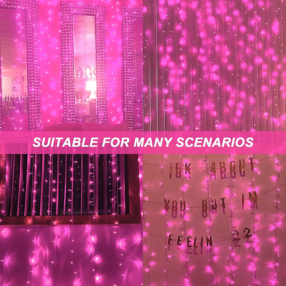 amadecohome Curtain Lights, Pink Room Decor 8 Modes LED String Lights for Garden, Teen Girls' Room, Party, Window, Wall and Valentines Day Decor