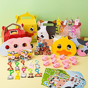 DMIGHT Farm Animals Birthday Party Favors Set 82 PCS Barnyard Animal Masks Sticker Keychains Straw Slap wristbands Rubber Pigs Gift for Kids Birthday Party Baby Shower Goodie Bag Filles Supplies
