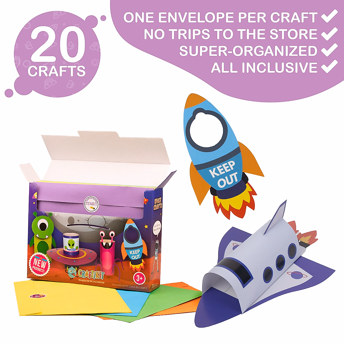 Craftikit® 20 Award-Winning Space Arts and Crafts for Kids - 20 Simple All-Inclusive Fun Toddler Craft Kit for Kids, Organized Crafts for Toddlers Ages 3-10, Galaxy-Themed Kids Craft Activities