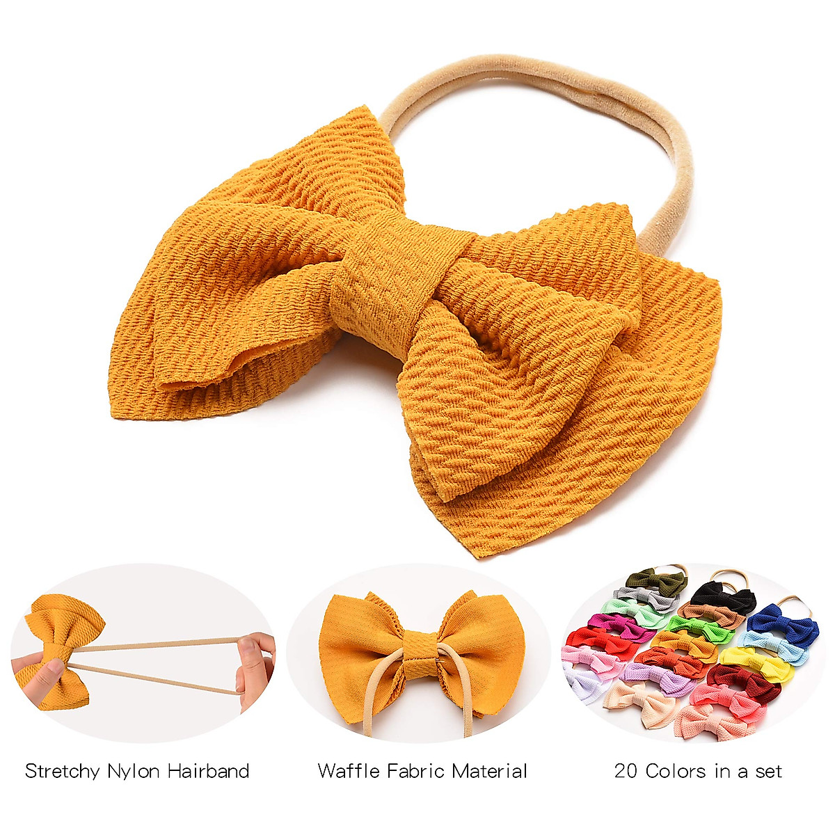 Prohouse 20 PCS Big Bows Baby Nylon Headbands Hairbands Hair Bows Elastics for Baby Girls Newborn Infant Toddler Child Hair Accessories