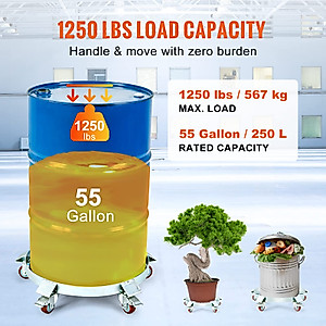 VEVOR 55 Gallon Heavy Duty Drum Dolly, 1250lbs Load Capacity, Barrel Dolly Cart Drum Caddy, Non Tipping Hand Truck Capacity Dollies with Steel Frame 5 Swivel Casters Wheel, for Warehouse Drum Handling