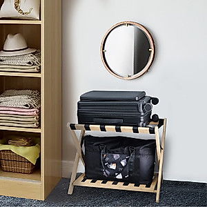 BAIDE PACK Wood Luggage Rack Stand for Guest Room, Folding Suitcase Holder Stand with 6 Support Straps for Home Bedroom Travel, Bamboo