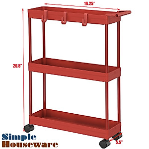 SimpleHouseware Kitchen Cart Storage 3-Tier Slim/Super Narrow Shelves with Handle, 26.5'' Height/5.5'' Width for Narrow Place, Red