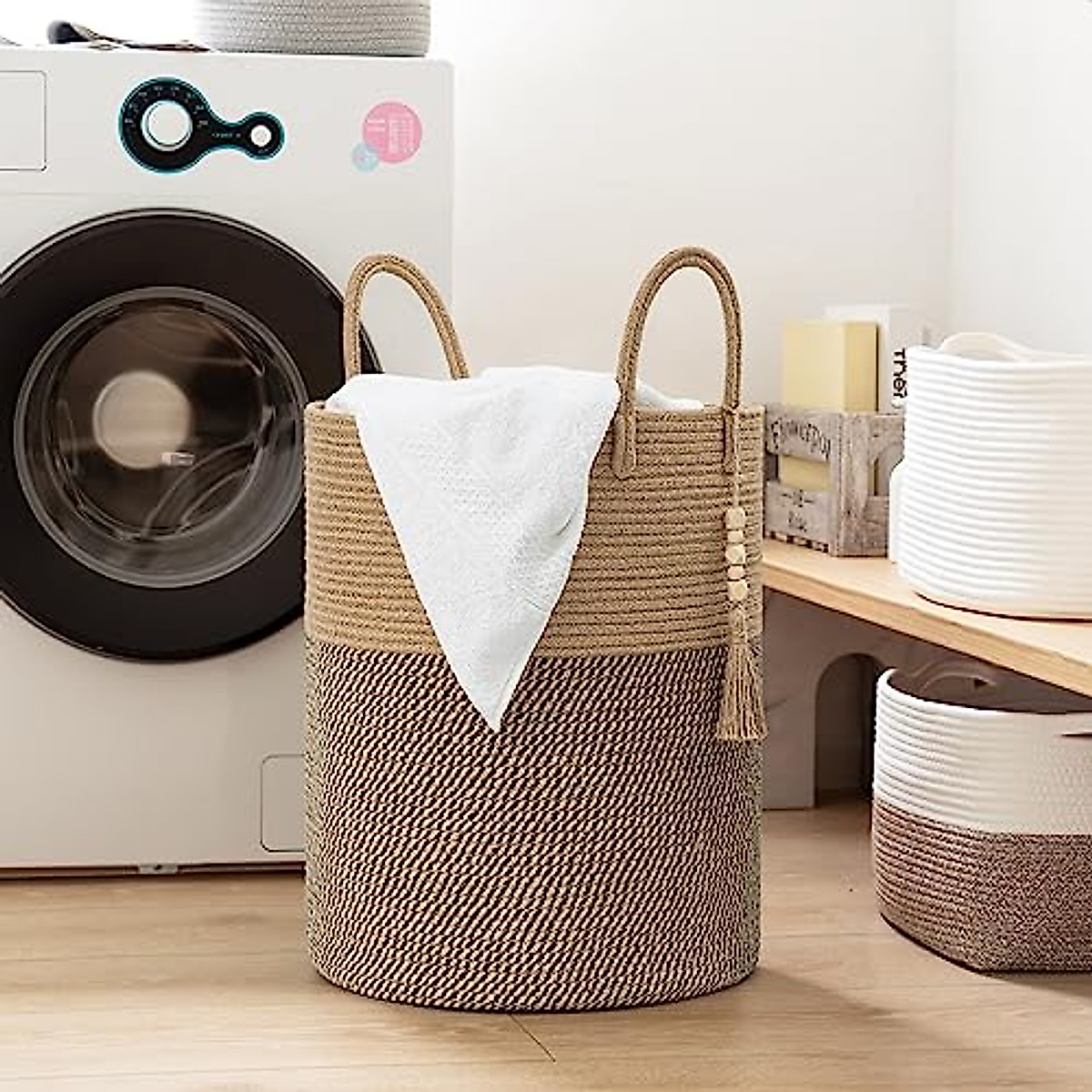 CherryNow Tall Laundry Hamper Woven Storage Basket, Shoe Basket for Entryway, Blanket Basket Living Room, Decorative Basket for Toys, Clothes, 15 x 17.7 Inches, Black & Jute
