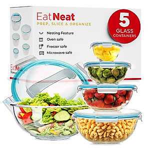 EATNEAT 5-Pack of Glass Food Storage Containers with Airtight Snap Locking Lids to Keep Food Fresh - Oven to Table to Freezer | BPA-FREE