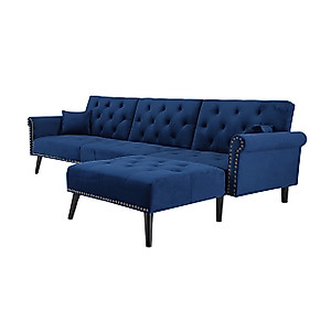 POCIYIHOME Sectional Sofa Right Hand Facing Velvet Button Tufted, L Shape Chaise with Nail Head Detail, Conical Wood Leg, 2 Pillows, Modern & Elegant, Home Furniture for Living Room,Office, Navy Blue