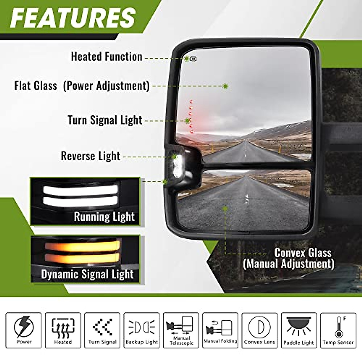 SIZIOM Switchback Towing Mirrors for 2009-2018 Dodge Ram 1500,2010-2018 Ram 2500 3500,Ram Classic 2019-2023,Power Heated Dynamic Turn Signal Backup Light Puddle Lamp Extendable Pair Set Tow Mirrors