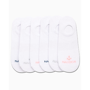 Nautica Women's No Show Stretchy Sport Liner Socks with Non Slip Grip (6 Pack), Size 4-10, All White