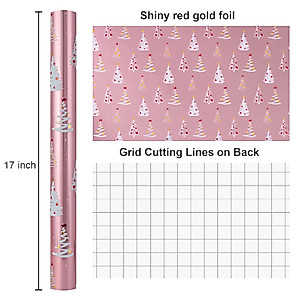 Burymento Christmas Wrapping Paper Roll, Pink Gift Wrap Paper with Grid Lines for Christmas，Metallic Foil Shiny Wrapping Paper - 17 Inches x 32.8 Feet 1 Roll Christmas Trees
