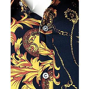 ZEROYAA Men's Luxury Printed Slim Fit Long Sleeve Casual Button Down Stretch Floral Shirt ZLCL37-103-Navy Medium