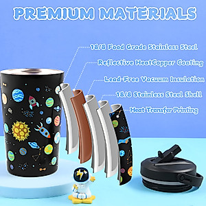 Opreine Tumbler with Lid and Straw for Kids, 14oz Insulated Water Bottle with Straw, Stainless Steel Thermos Water Bottle for Boys Girls, Leak Proof Kids Cup for School Sports, Black Planet