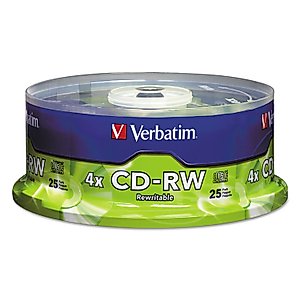 Verbatim 95169 CD-RW Discs, 700MB/80min, 4X, Spindle, Matte Silver, 25/Pack