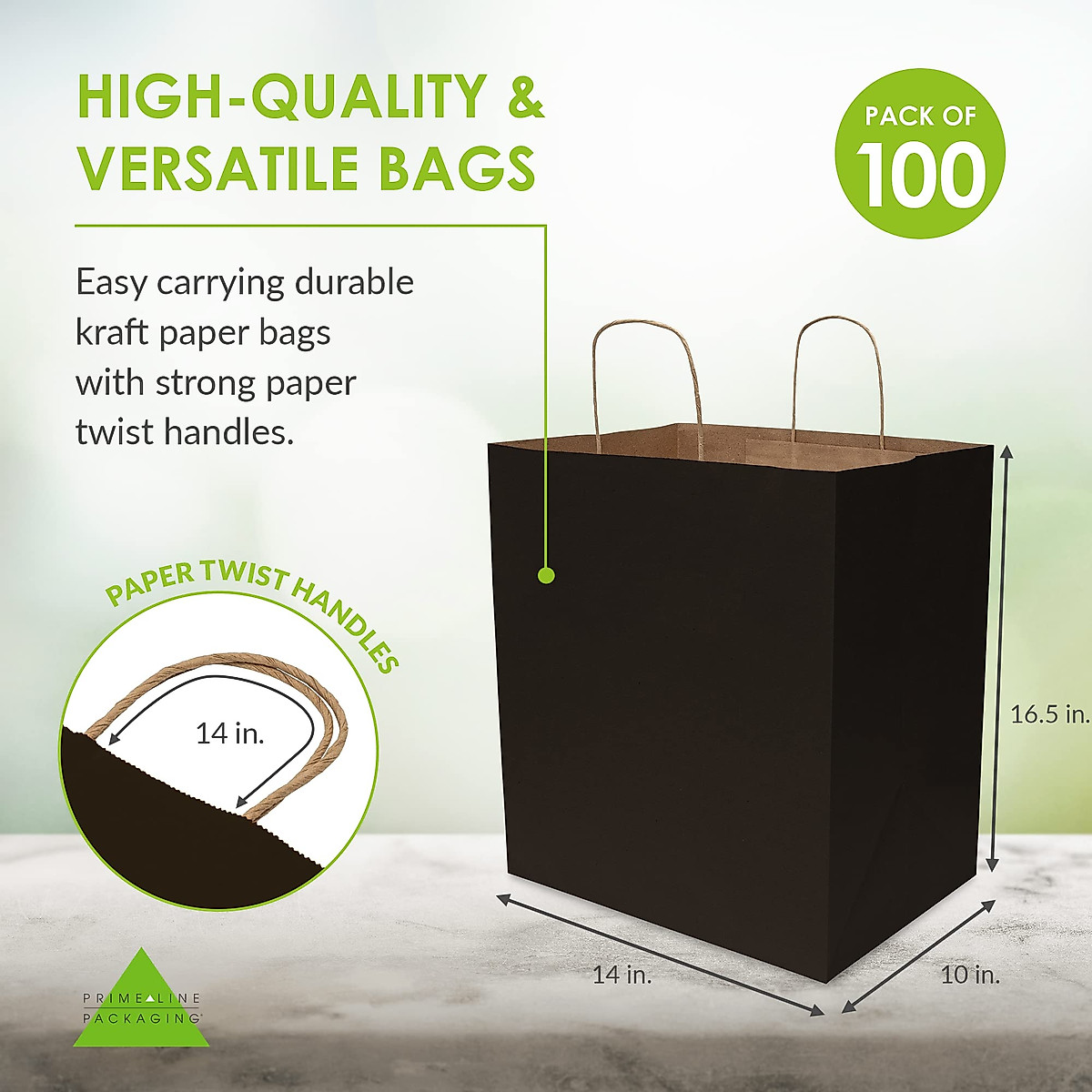 Prime Line Packaging 14x10x16.5 100 Pack Small Shopping Bag, Black Paper Bags with Handles for Small Business, Boutique, Thank You Gift Bags Bulk