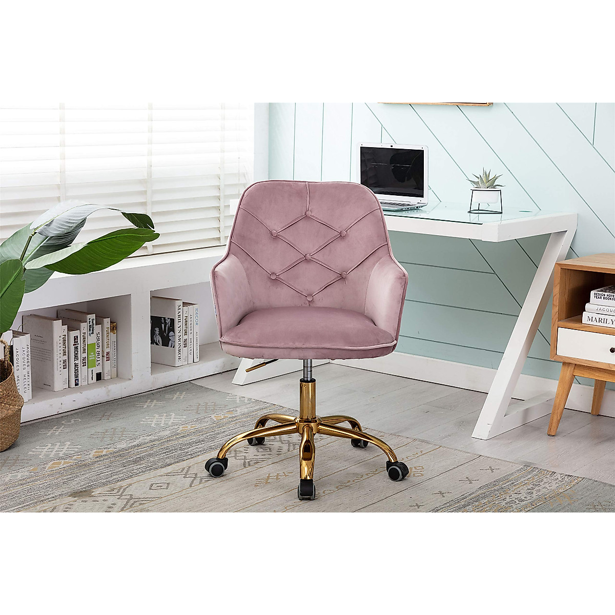 scxatvd Office Chair, Home Office Desk Chairs with Wheels, 360°Swivel/Bedroom/Vanity/Task/Velvet/Tufted Chair for Living Room with Armrest, Upholstered Height Adjustable (Light Pink)