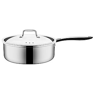 Nuwave Tri-Ply Stainless Steel Sauté Pan with Lid, Even-Heating Technology, 18/10 Deep&Heavy-Duty Construction, No PTFE PFOA PFAS,10 -Yeär Wärranty(3QT)