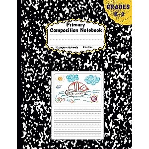 Primary Composition Notebook: Black Marble, Dotted Midline and Picture Space | Grades K-2 Composition School Exercise Book