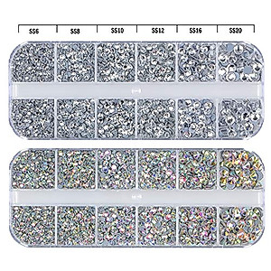 Massive Beads 9500+ Flatback Round Glass Hotfix Iron On Rhinestones Gemstone for DIY Making w/ 1 Tweezer & 1 Picking Pen for Shoes, Clothes, Bags, Manicure (12-Colors, Crystal, Crystal AB, 5&6 Sizes)