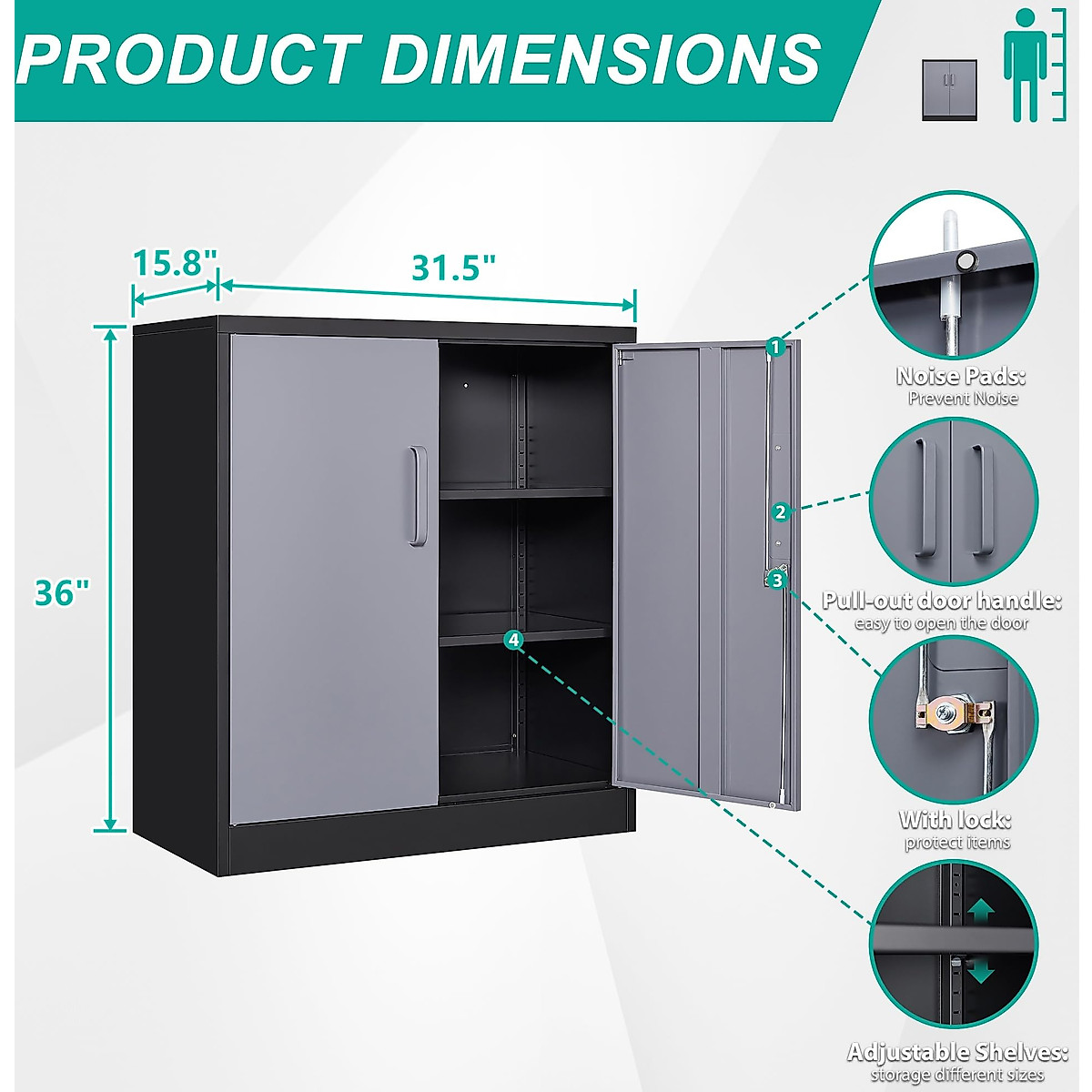 SISESOL Storage Cabinet with Doors and Shelves,Metal Storage Cabinet with Locking Doors,Small Metal Cabinets with Lock,Gray Garage Cupboard for Home Office,Garage,Shop