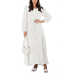 ANRABESS Women’s Boho Casual Loose Puff Long Sleeve Crewneck Asymmetric Tiered Beach Maxi Long Dress 596bai-S White