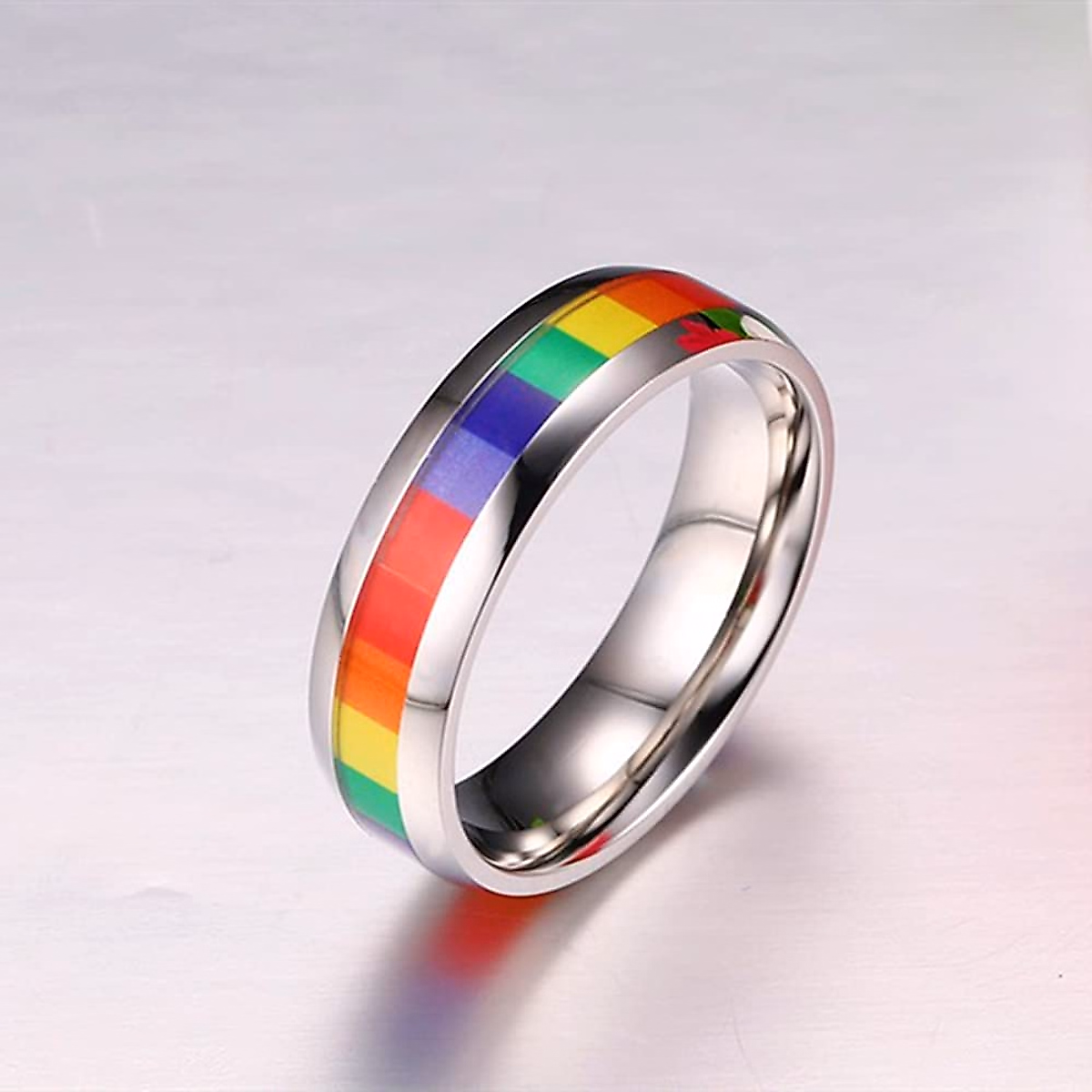 6mm Wide Square Rainbow LGBT Pride Band Rings Chuky Thick Black Enameled Stainless Steel Eternity Promise Statement Engagement Couple Rings Love is Love Finger Knuckle Rings Boyfriend Girlfriend Christmas Valentines Gifts (Silver, 8)