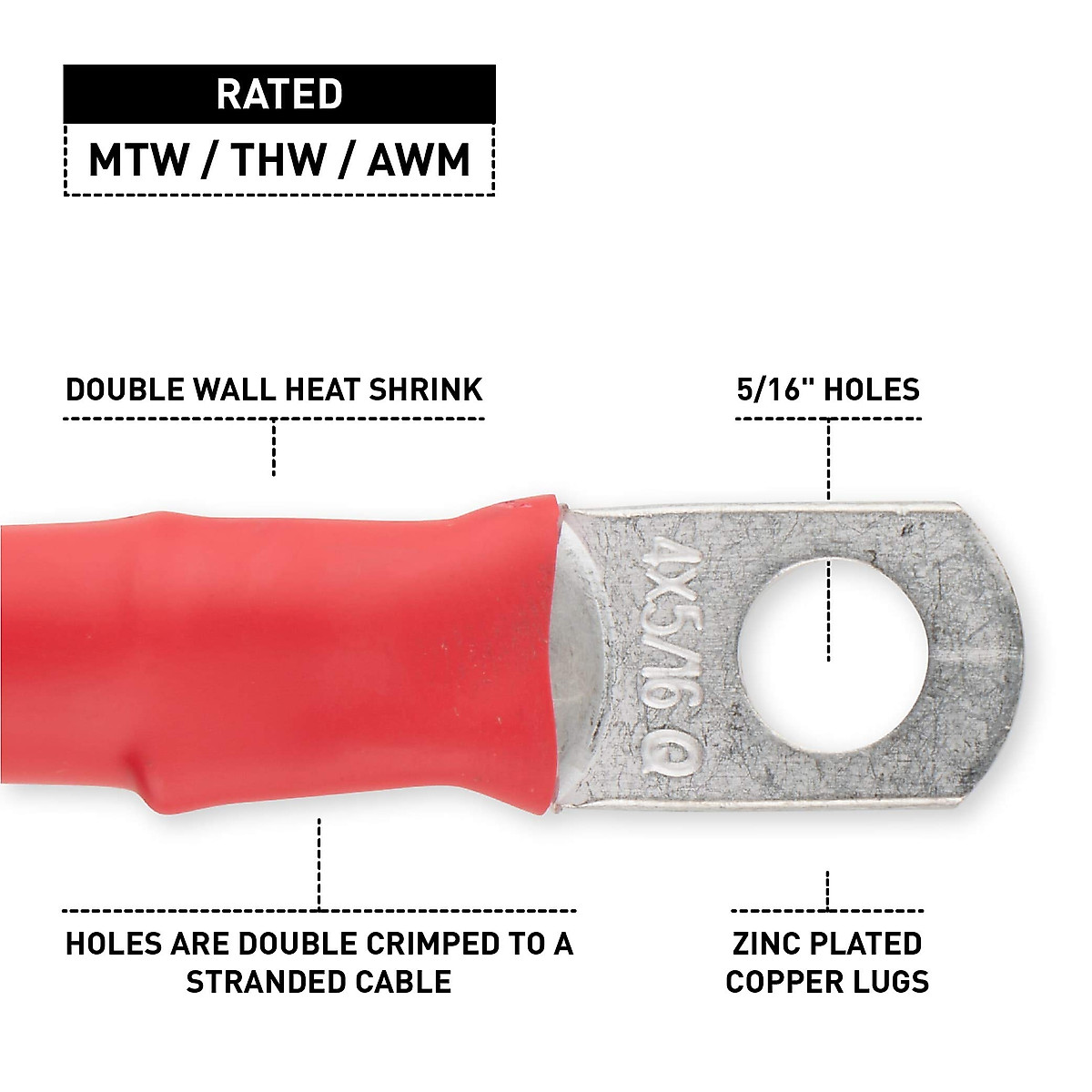 Exell Battery 4 Gauge Interconnecting Copper Cable, 6-Inch Length with 5/16-Inch Lugs (Red)