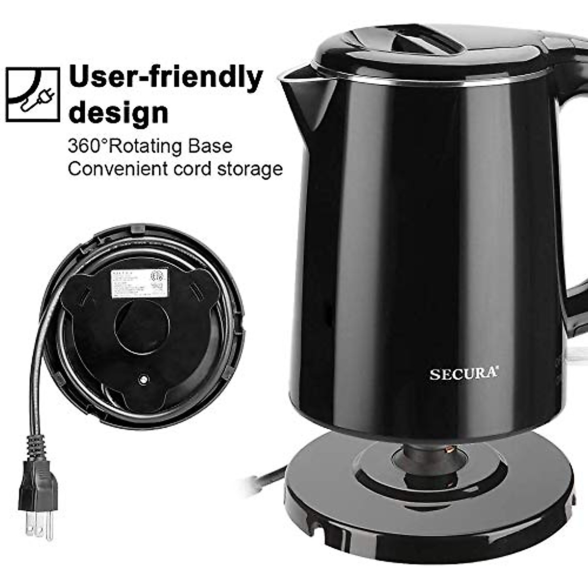 Secura Stainless Steel Double Wall Electric Kettle Water Heater for Tea Coffee w/Auto Shut-Off and Boil-Dry Protection, 1.0L (Black)
