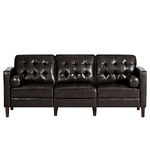 Nansiee 84” Faux Leather Sofa with Tufted Backrest, Upholstered 3-Seat Couch with 2 Bolster Pillows, Mid-Century Sofa with Wooden Legs for Living Room, Bedroom, Office, Dark Brown