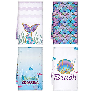 Bencailor 4 Pcs Hand Towels for Girls Absorbent 24 x 16 Inches Tea Towels Mermaid Unicorn Gnome Butterfly Dish Towels for Kitchen Gifts Bathroom Spa Gym Sport Housewarming (Purple, Blue,Mermaid)