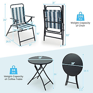 Giantex 3 Pcs Patio Bistro Set, Folding Table and Chairs Set, Metal Outdoor Dining Set with 2 Chairs, Glass Round Side Table, Conversation Furniture Set for Yard Porch Deck Backyard