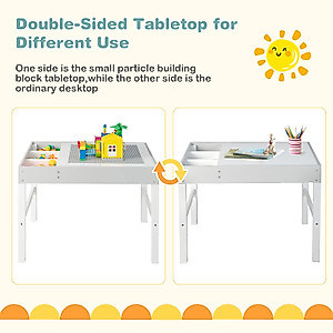 Costzon Kids Table, 3 in 1 Wooden Building Block Desk w/Storage, Double-Sided Tabletop for Toddler Arts, Crafts, Drawing, Reading, Playing, Gift for Boys Girls, Children Activity Table (White & Gray)