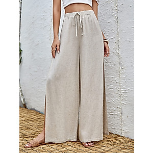 SweatyRocks Women's High Waist Drawstring Split Thigh Wide Leg Palazzo Pants Khaki XL