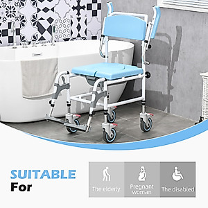 HOMCOM Accessibility Commode Wheelchair, Rolling Shower Wheelchair with 4 Castor Wheels, Rectangle Detachable Bucket, & Waterproof Design, 17" Seat Width, Blue