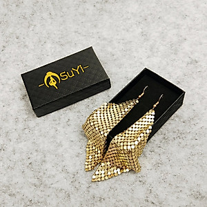 Suyi Trendy Women Earrings Metal Mesh Grid Sequins Tassel Long Drop Dangle Earrings Gold