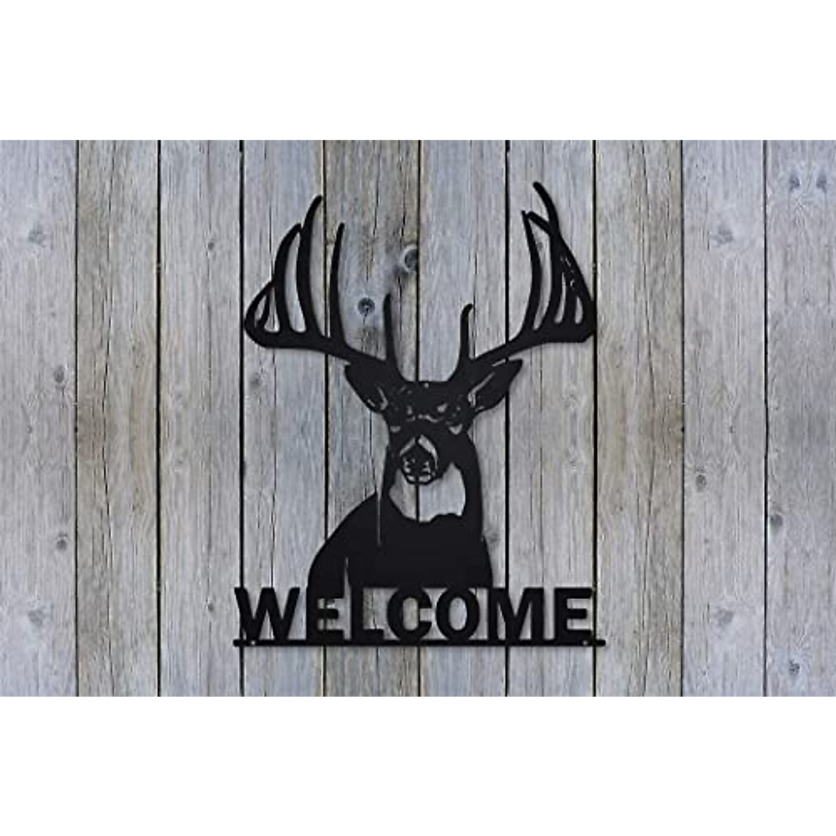 Welcome Whitetail Deer Buck Metal Wall Art Sign | Laser Cut | Black | Home Cabin Decor | Big Game Steel