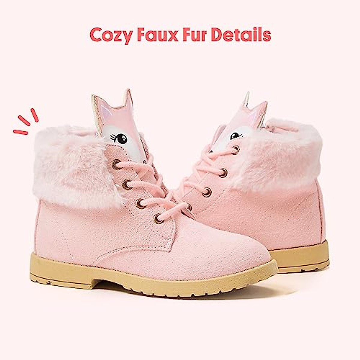 FabKids Girls Deer Cute Ankle Boots Fuzzy Non-Slip Chelsea Short Boots for Little Kid Pink Size 3