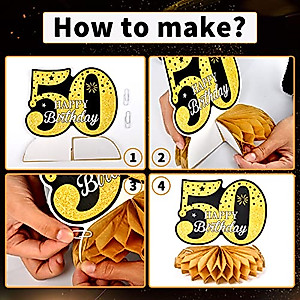 50th Glitter Black Gold Birthday Banner Party Decorations, Happy 50th Birthday Decorations Hanging Swirls Banner Honeycomb Centerpieces for Men Women Happy 50 Years Old Bday Party