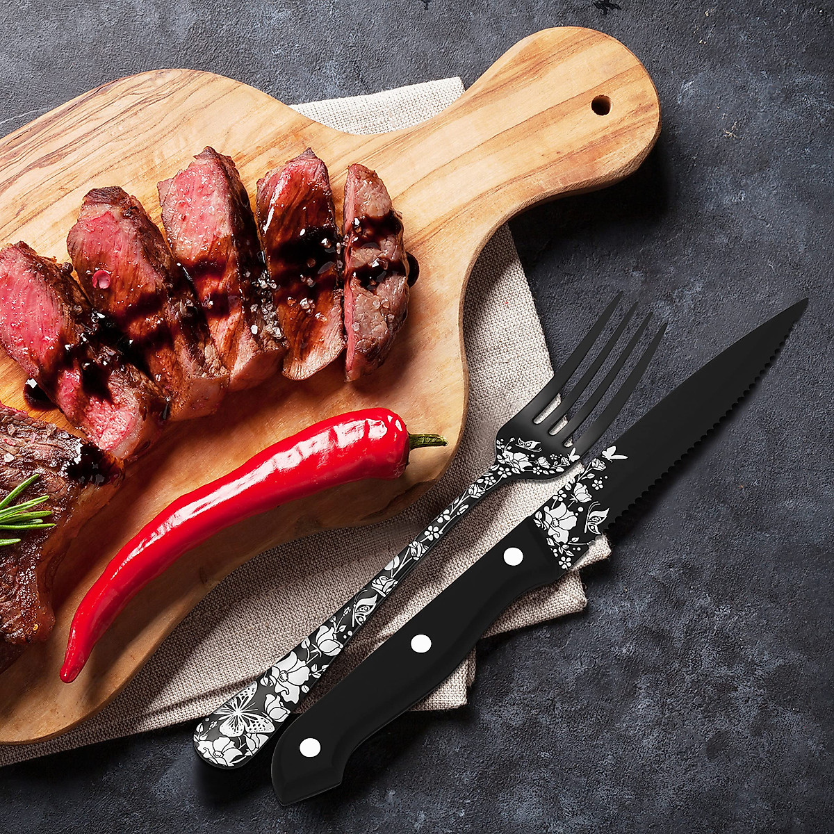 Stapava 24-Piece Black Silverware Set with Steak Knives for 4, Unique Stainless Steel Flatware Cutlery Set, Include Fork Spoon Knife Set, Mirror Polished, Dishwasher Safe Utensils