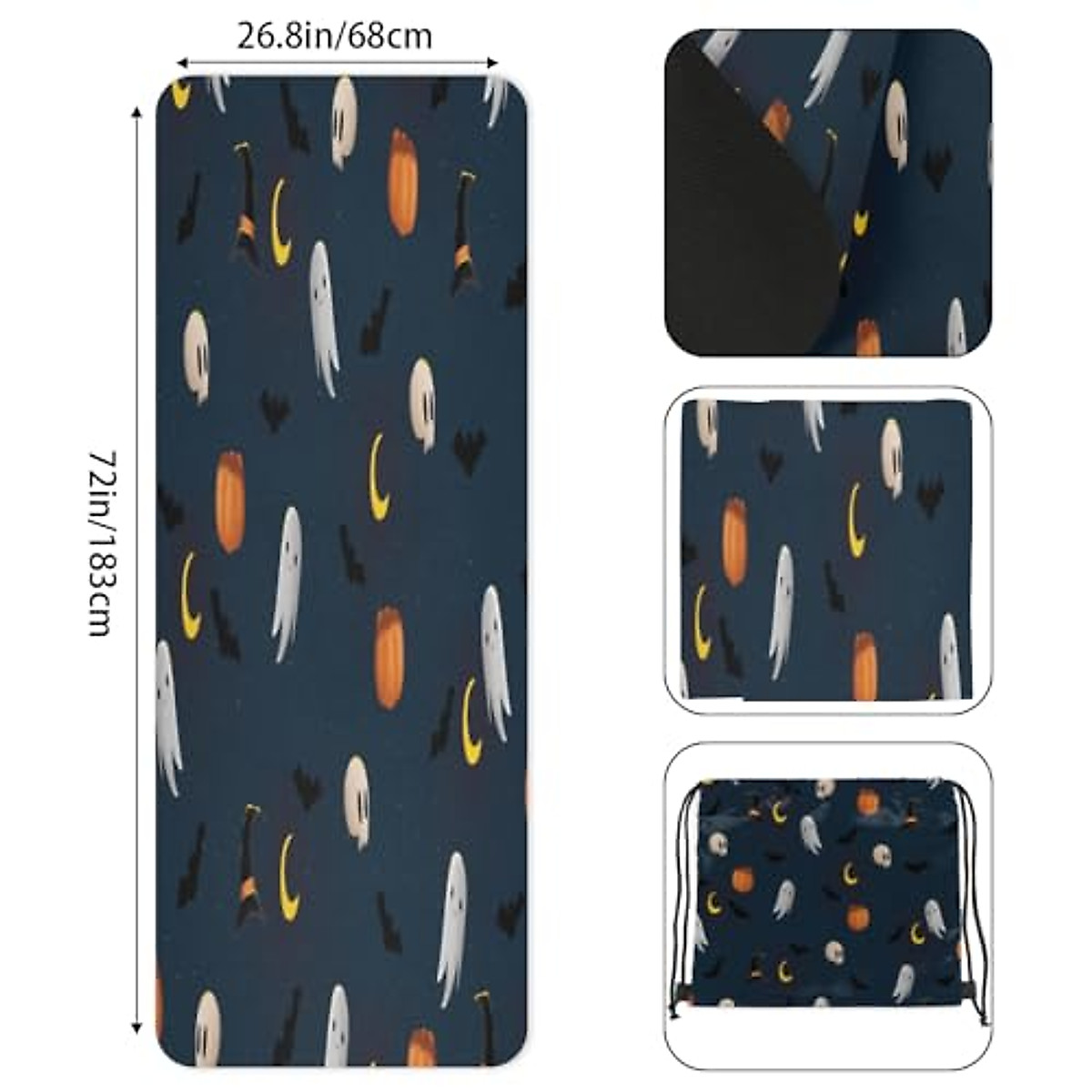 Skull Pumpkin Witch Hat Yoga Mat Folding Travel Fitness & Exercise Mat with Carrying Bag Non-Slip Lightweight Travel Yoga Mat for Women Pilates 72"L × 26.8” W × 2 Mm Thick