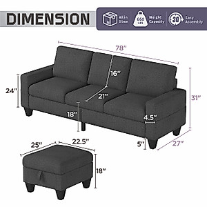 Sectional Sofa L-Shaped Couch, Couches for Living Room with Reversible Storage Chaise & Side Storage Pockets, 3-Seat Linen Modular Sofa for Living Room/Apartment/Dorm/Office/Small Space (Dark Gray)