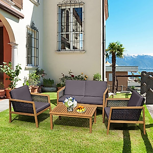 PATIOJOY 4 Pieces Outdoor Acacia Wood Furniture Sofa Set, Outdoor PE Wicker Conversation Set with Coffee Table and Soft Cushions for Garden, Poolside and Backyard (1, Grey)