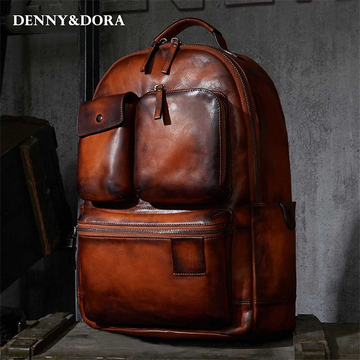 Denny&Dora Genuine Leather Backpack Luxury Vintage Laptop Bag Multi Pockets Bookbag Mens Casual Travel Daypack Large Capacity (Brown)