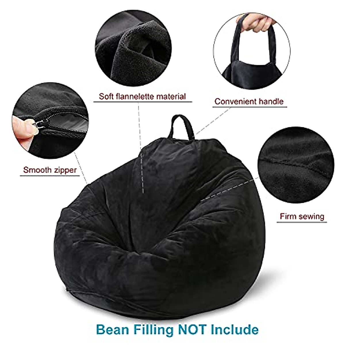 MFTEK Bean Bag Chair Cover(No Filling), Large Washable Soft Velvet Bean Bag, Stuffed Animal Storage or Memory Foam for Kid Adults, 35’’×35’’×43’’ (Black)