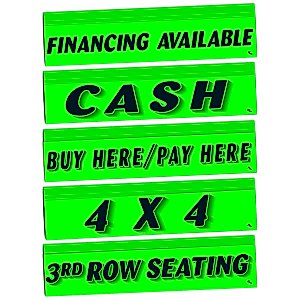 Versa Tags Windshield Slogan Stickers 12 Pack Each of FINANCING Available, Cash, Buy HERE Pay HERE, 4X4, 3RD Row Seating (60) Window Stickers Total Dealership Stickers Black On Green