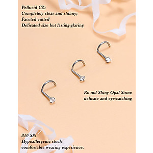 Eakxnig Opal 20G Nose Rings Surgical Steel Nose Studs Top CZ 1.5mm Tiny Nose Studs Screw Nose Ring Stud Heart Nostril Piercing Jewelry for Women Men Corkscrew Nose Rings