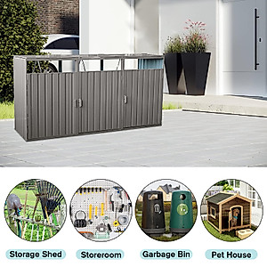 SumVille Garbage Bin Shed Stores 3 Trash Cans Metal Outdoor Bin Shed for Garbage Storage,Stainless Galvanized Steel, Bin Shed for Garden Yard Lawn,Grey