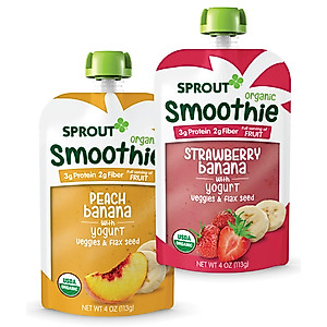 Sprout Organic Baby Food, Stage 4 Toddler Smoothie Pouches, Strawberry Banana & Peach Banana with Yogurt Variety Pack, 4 Oz Purees (Pack of 12)