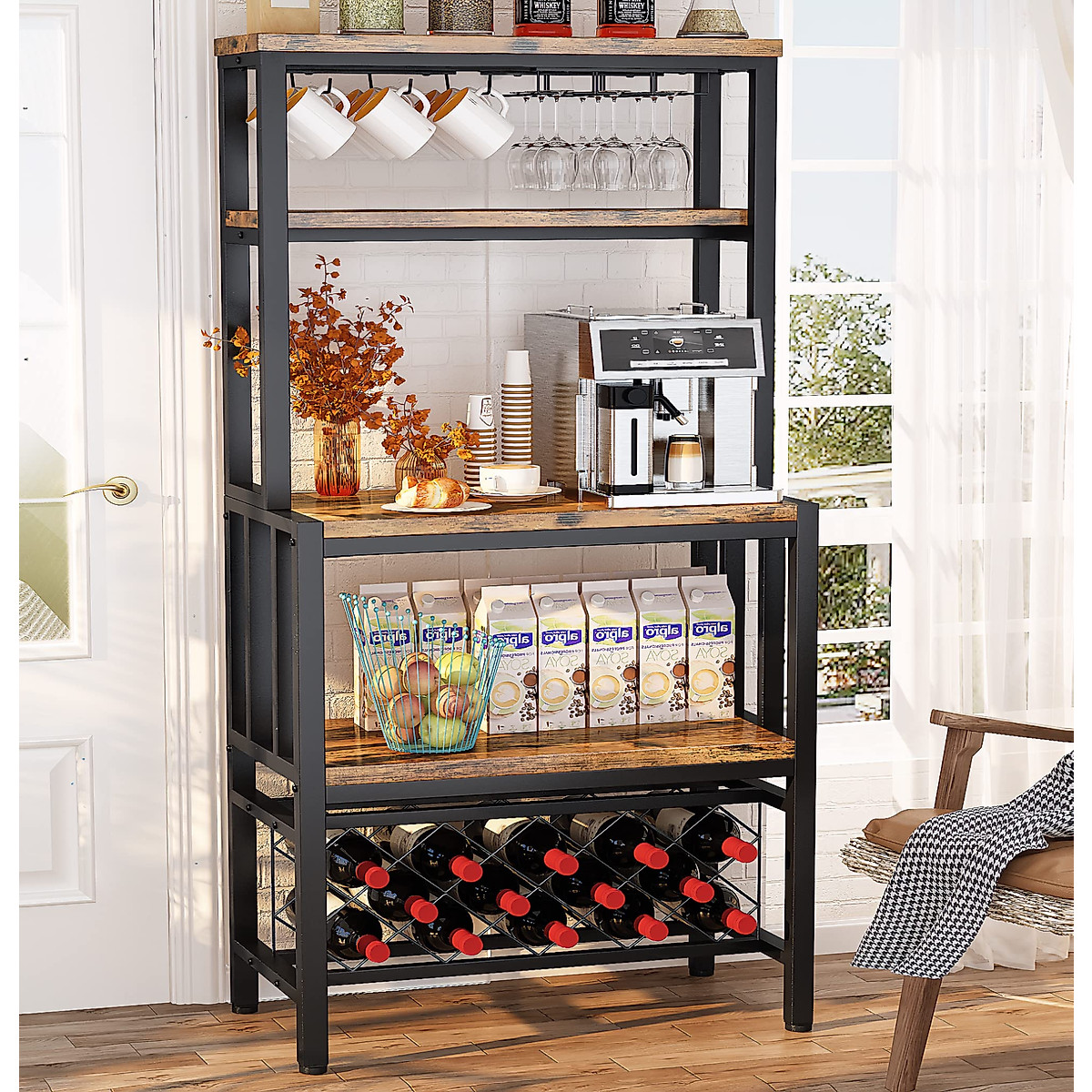AWQM 5-Tier Kitchen Bakers Rack ,Industrial Wine Rack Table Microwave Stand, FreeStanding Wine Bar Rack,Coffee Bar Kitchen Storage Rack,Wine Cabinet Kitchen Hutch for Dining Room Living Room,Walnut